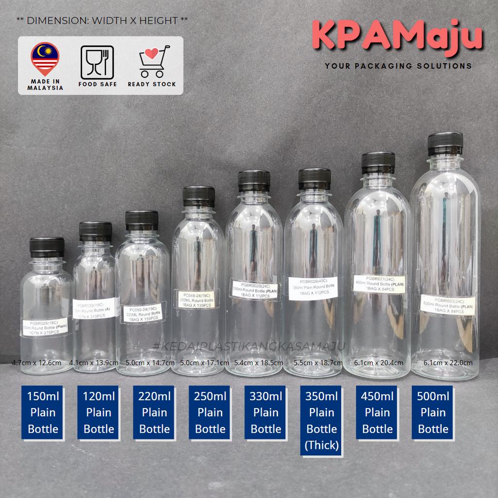 Botol Plastik + Black Cap (120ml, 150ml, 220ml, 250ml, 330ml, 350ml, 450ml, 500ml) - Round ...