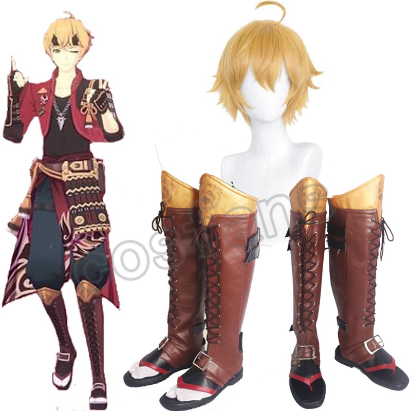 Tohma Cosplay Boots Shoes Genshin Impact Tohma Light Brown Ponytail ...