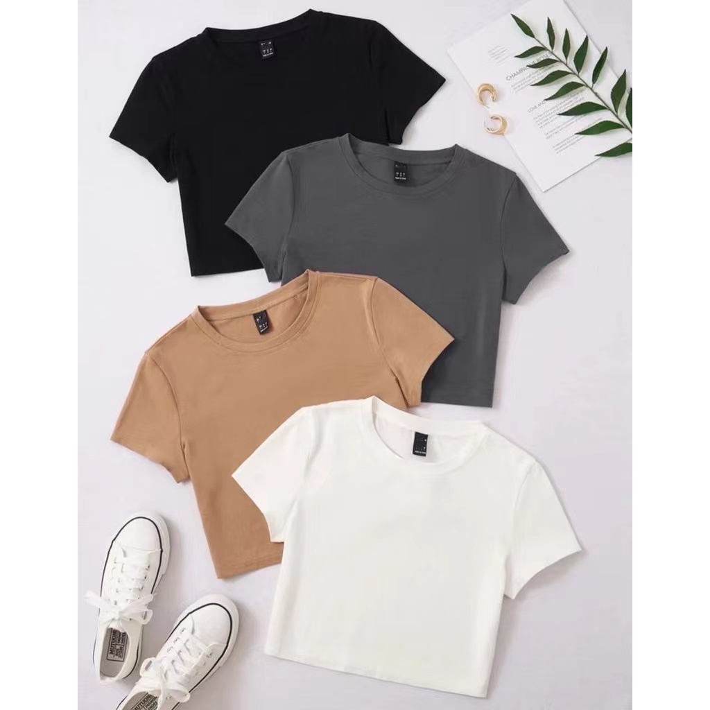 Hqulcoo-- Round neck Tops Plain Basic Crop Top Korean Fashion Blouse ...
