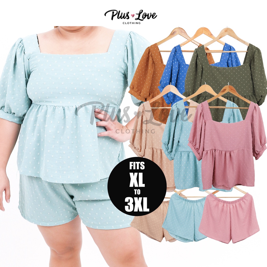ARIA PLUS SIZE SWISS DOT COORDINATE SET PUFF SLEEVE TOP & SHORTS | Shopee Philippines