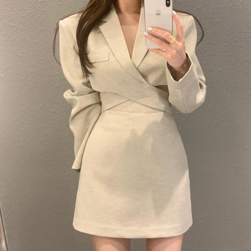 Korean Chic Autumn French Lapel Cross Midriff Outfit Long Sleeve Suit ...