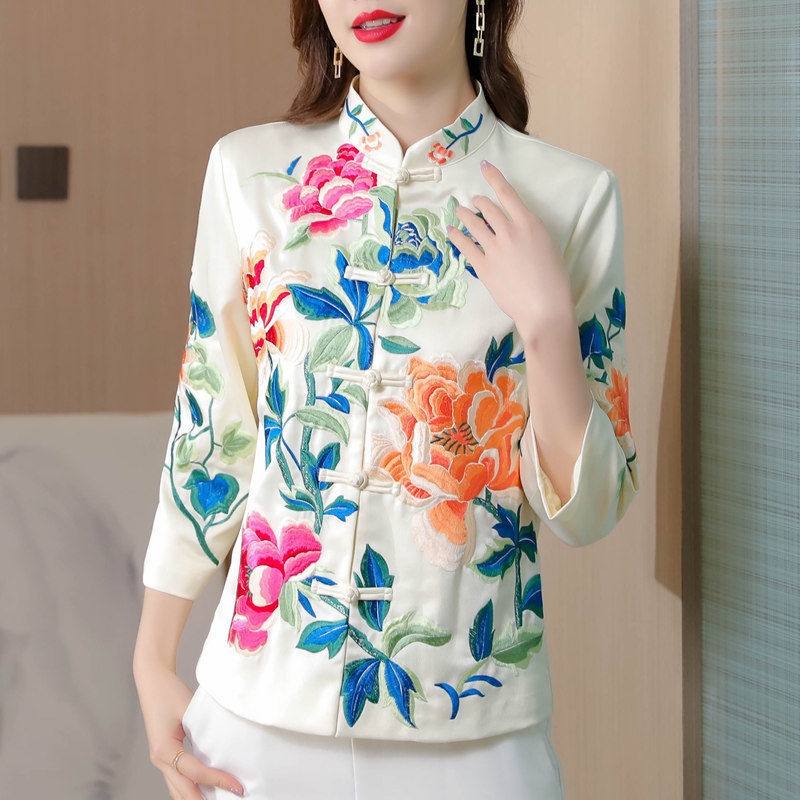 New Embroidered Long-Sleeved Blouse With Buttoned-Down Chinese Style ...