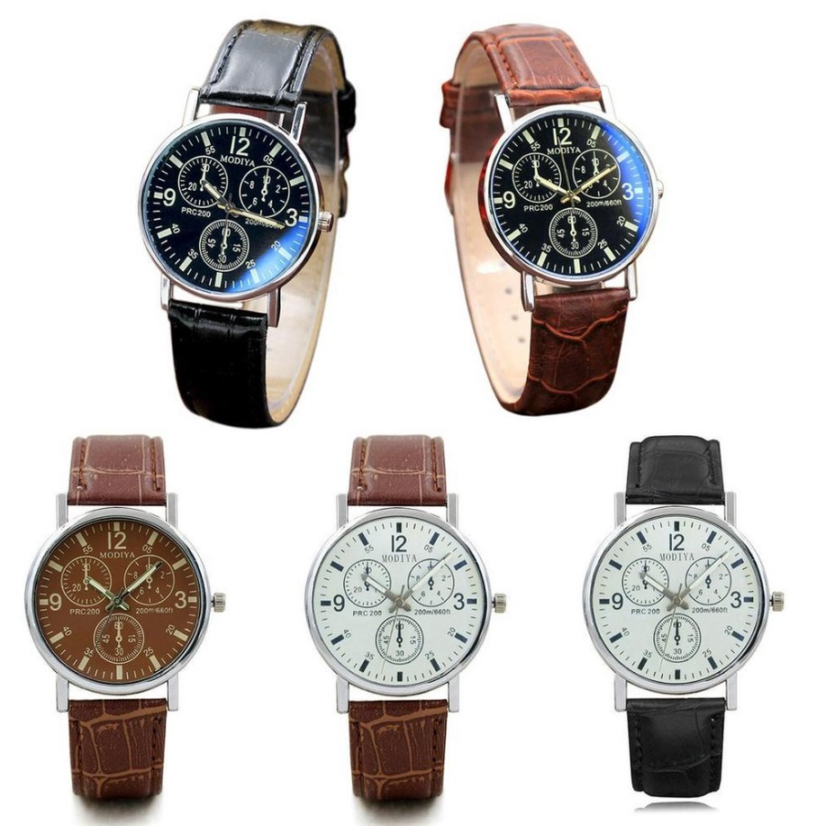 Modiya Geneva Men Stainless Steel Wristwatch Leather strap quartz watch ...