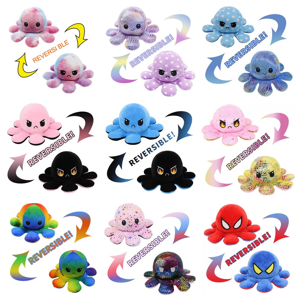 TIKTOK Viral Reversible Double-sided Flip Plush Angry Octopus Doll 20cm ...