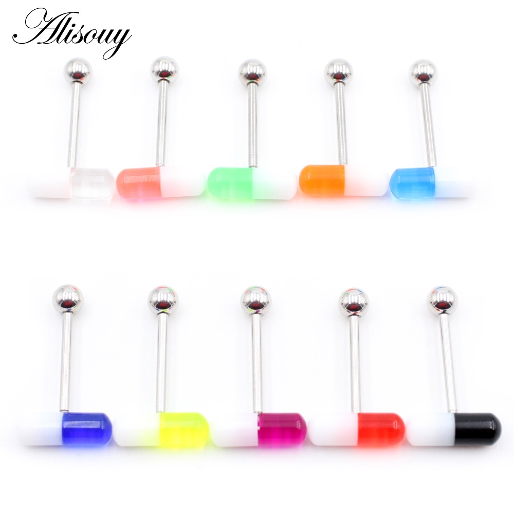 Alisouy 1pc Acrylic Two-colors Capsule Steel Ball Tongue Rings Pin Bars ...