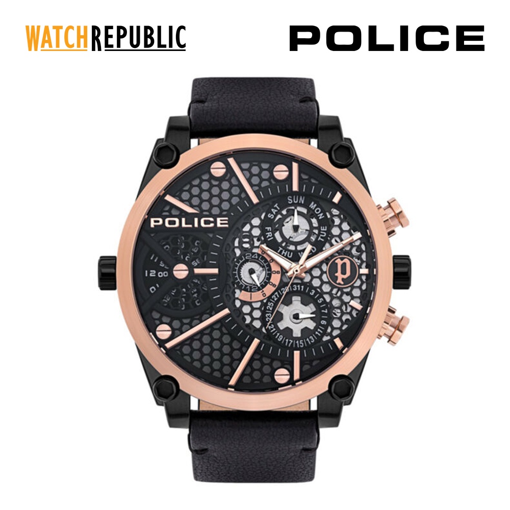 Police Vigor Black Leather Analog Quartz Watch For Men PPL.15381JSBR ...