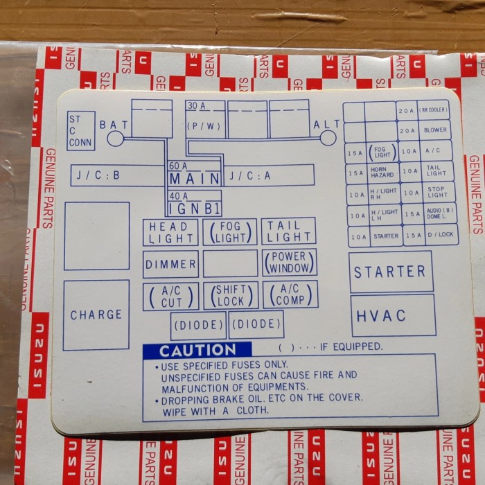 FUSE Box Sticker CAUTION PLATE FUSE PA160 ISUZU Panther Capsule ...