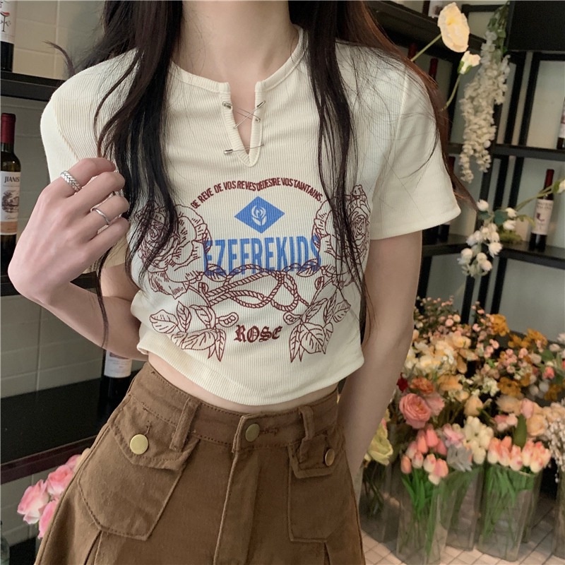 CLOUD4D-Summer Women V-Neck Pin Print Cotton Slim T-shirt Croptop n ...