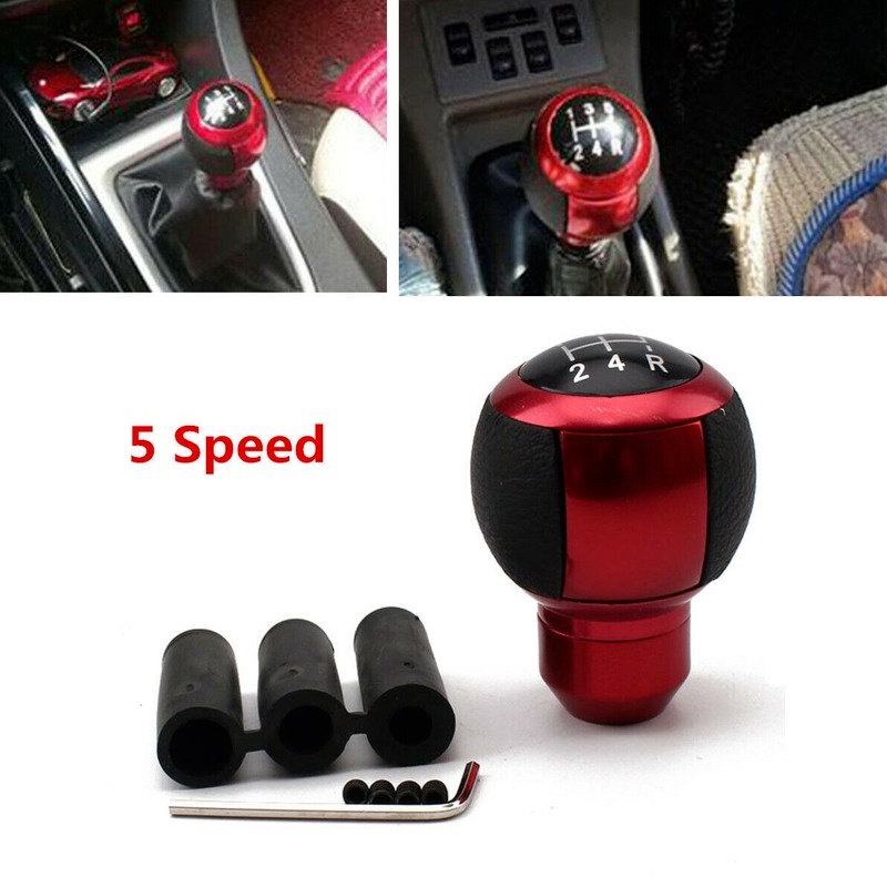 Leather Round Aluminium Car 5 Speed Gear Shift Knob Shifter Lever Kit ...
