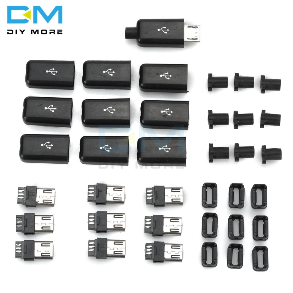 10PCS DIY Micro USB Male Plug Connectors Kit w/ Covers Black Diy ...