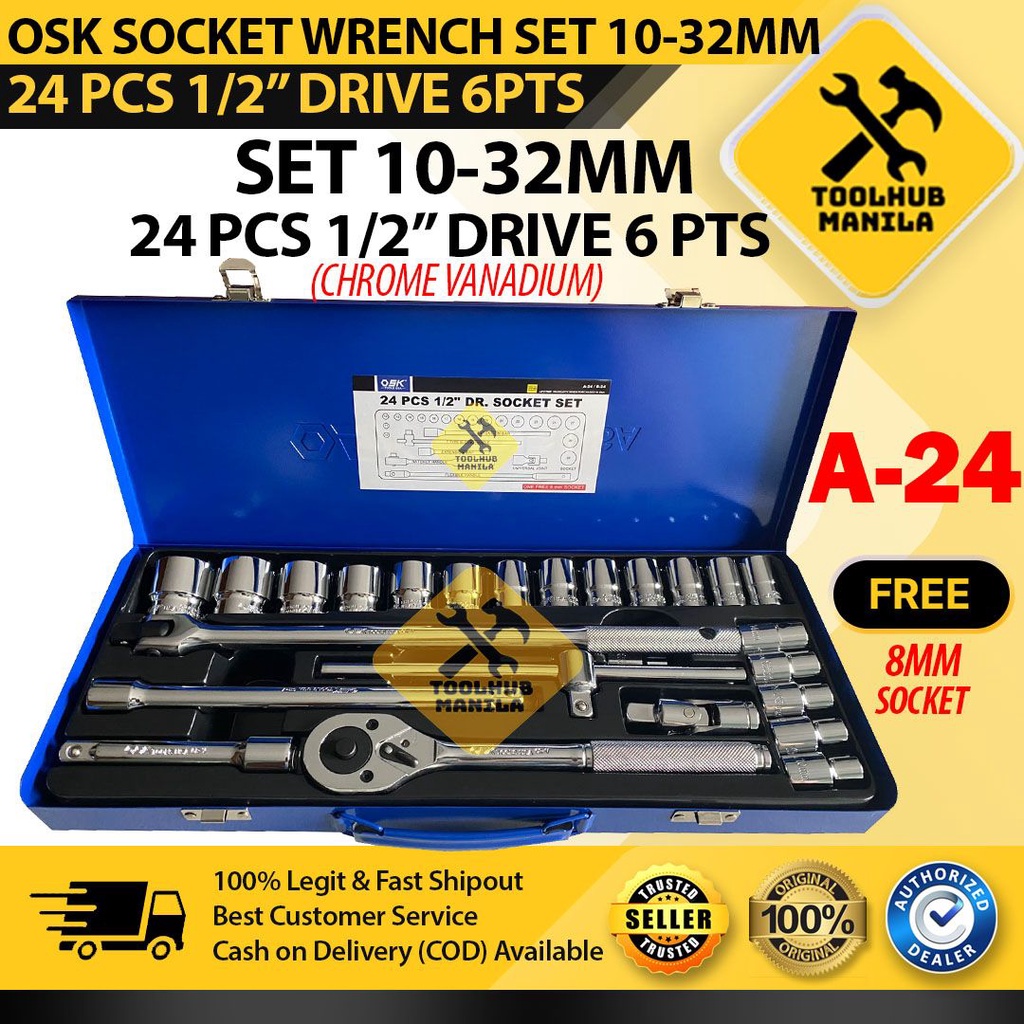 OSK Tools USA Socket Wrench Set CHROME 8-32mm 24pcs 6pts. A-24 1/2" Drive | Shopee Philippines