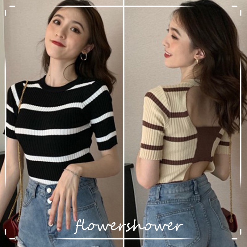 Women's Casual Striped Backless Knitted Short Sleeve T-Shirt Tops ...