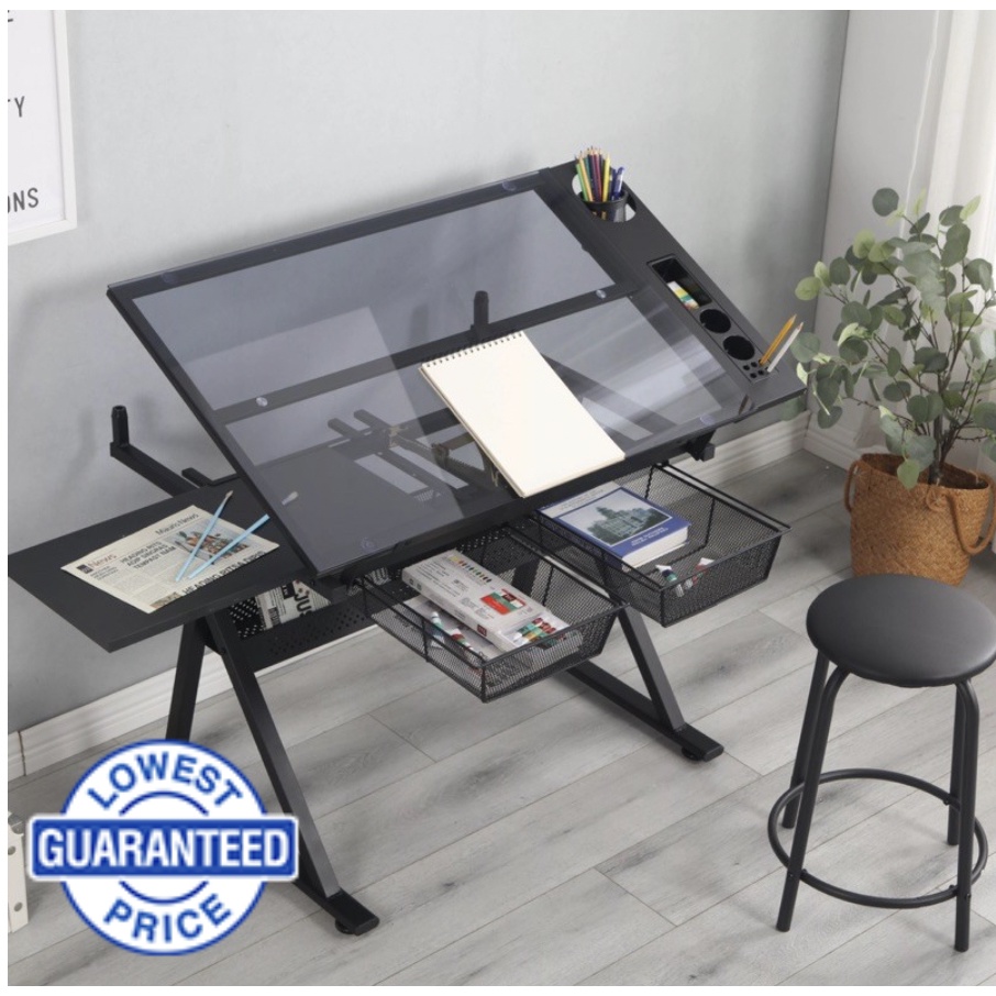 [1year warranty] White drawing table drafting table with drawers and ...