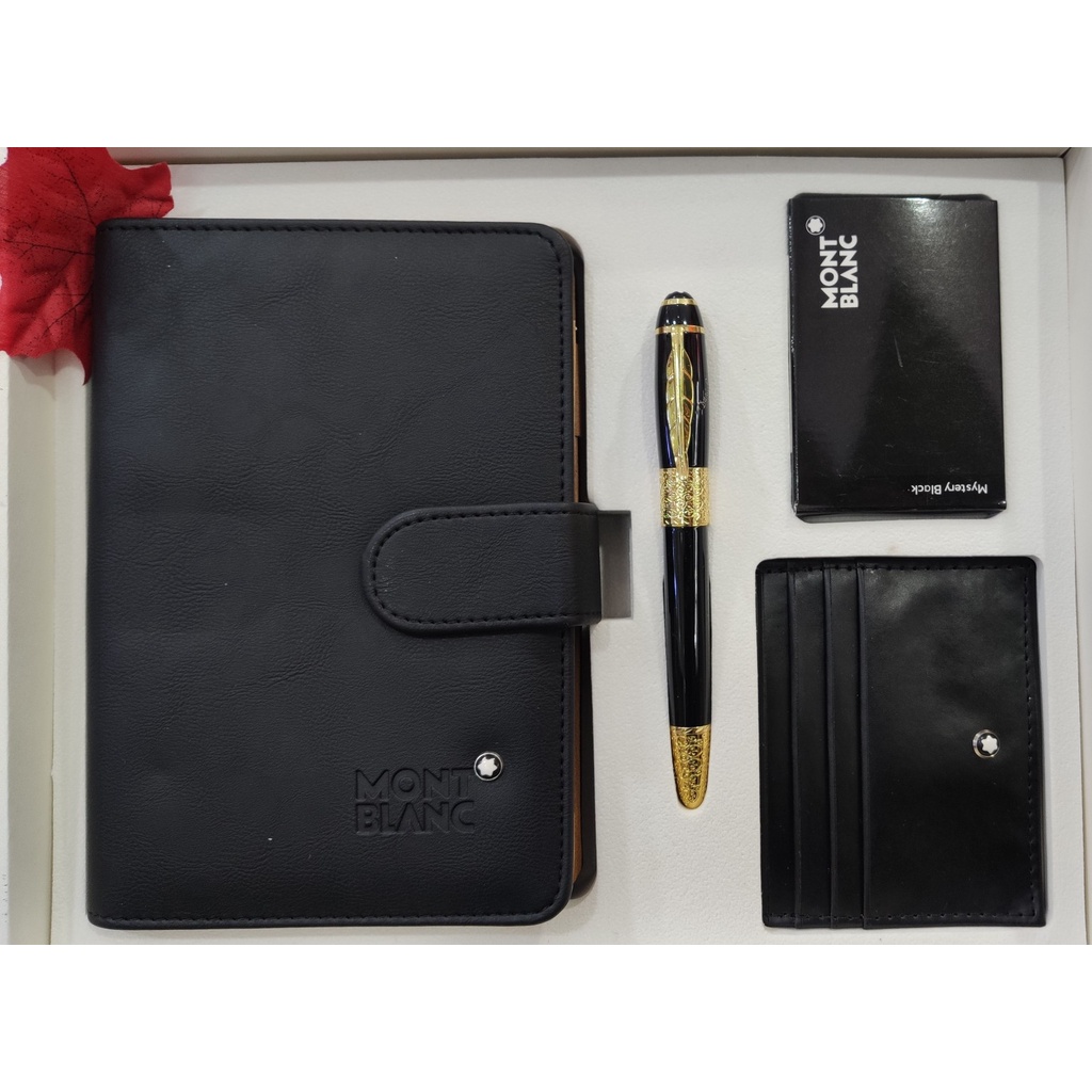 Mont Daniel Defoe Fountain pen Black body Gold maple leaf and notebook ...
