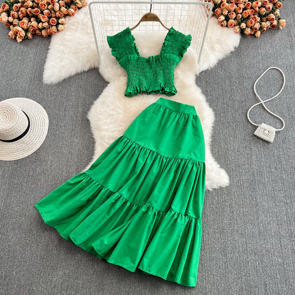 Beach Two Piece Sets Women Sexy Ruffles Crop Tops and A Line High Waist ...
