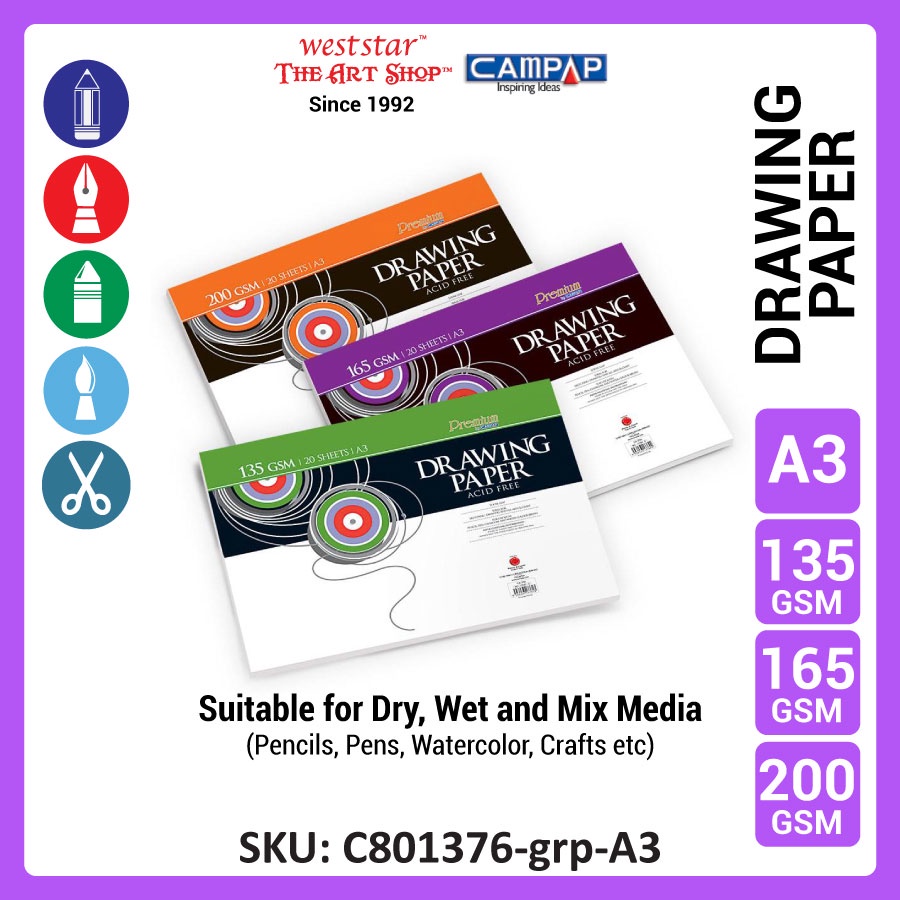 [Weststar TAS] A3 Campap Drawing Paper, Drawing Block (20sheets) 135gsm ...