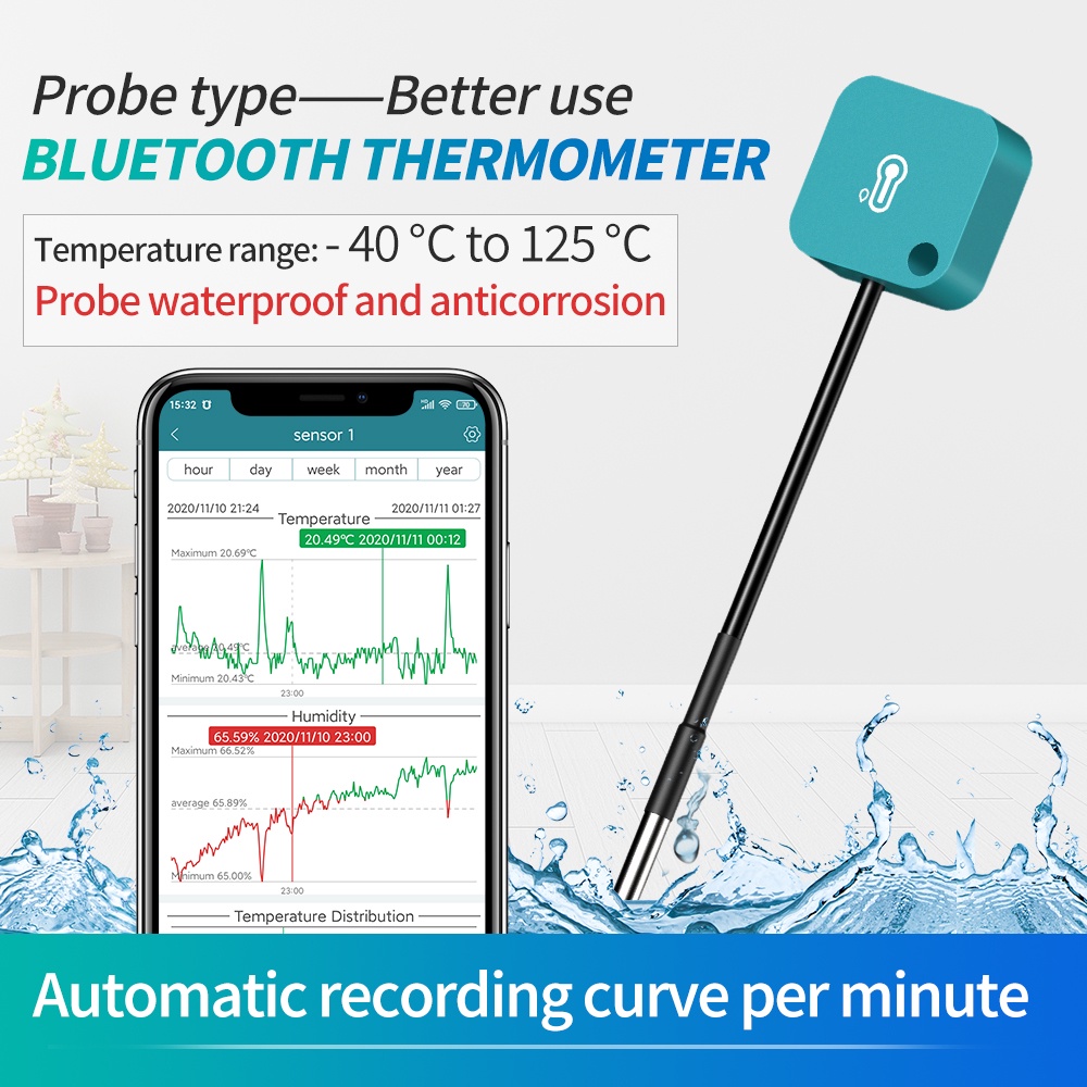 AZJ Bluetooth Temperature Humidity Sensor Probe Data Logger Meter ...