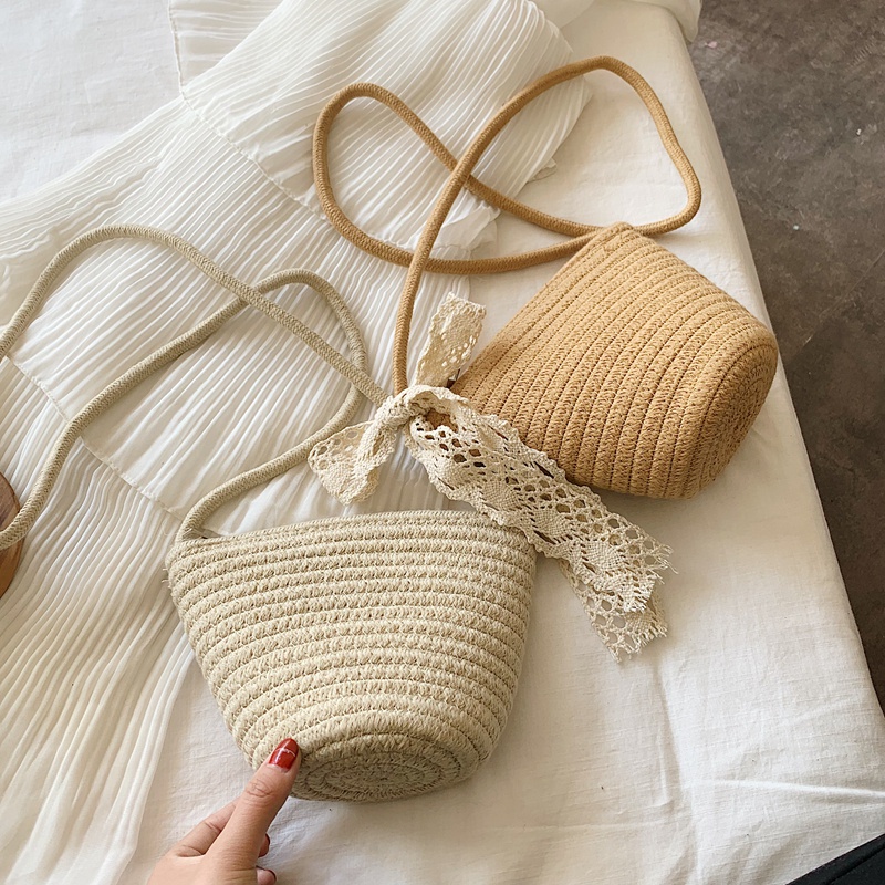 Hand-Woven Women Rattan Sling Bag Cotton Strap Bohemian bucket bag ...