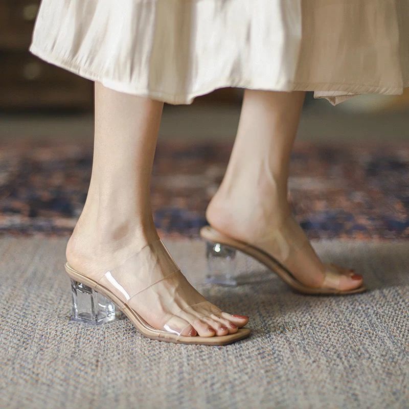Transparent Sandals Female Summer2021New Flat Mid Heel Chunky Heel ...