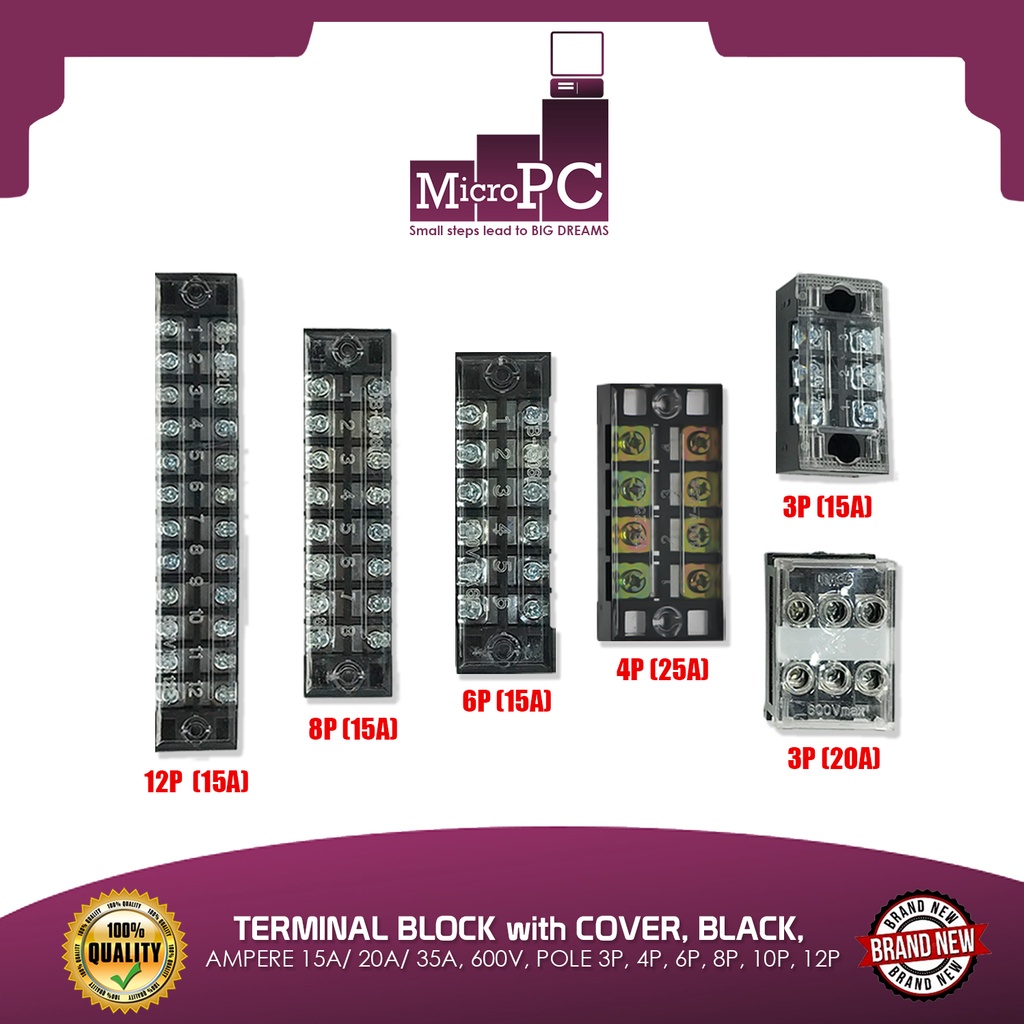 TERMINAL BLOCK with COVER, BLACK, AMPERE 15A/ 20A/ 35A, 600V, POLE 3P, 4P, 6P, 8P, 10P, 12P ...