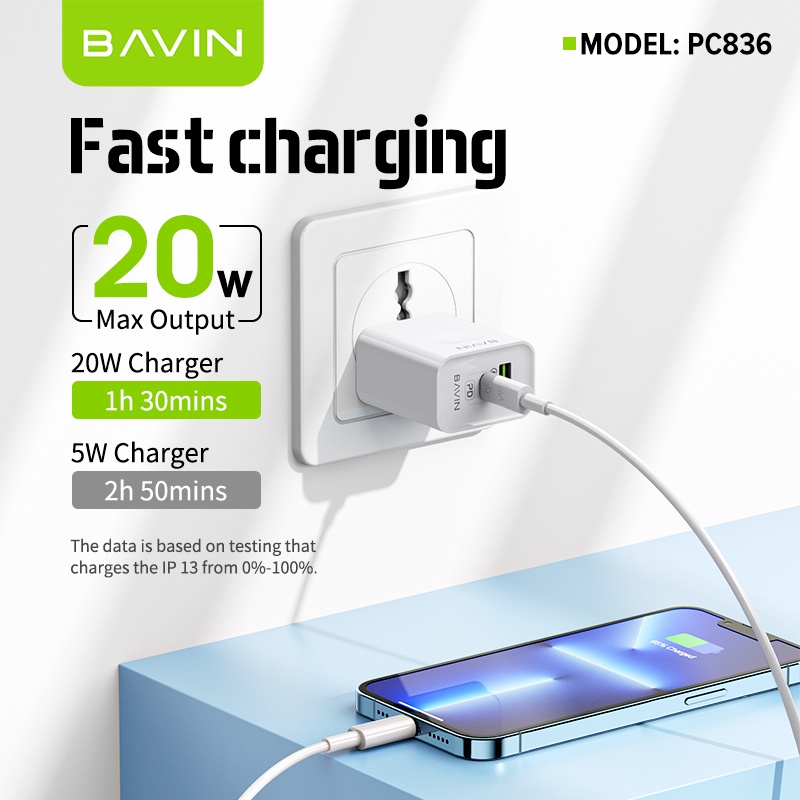 BAVIN PC836 20W Fast Charger PD+QC 3.0 Dual Port Smart Charging Adapter ...
