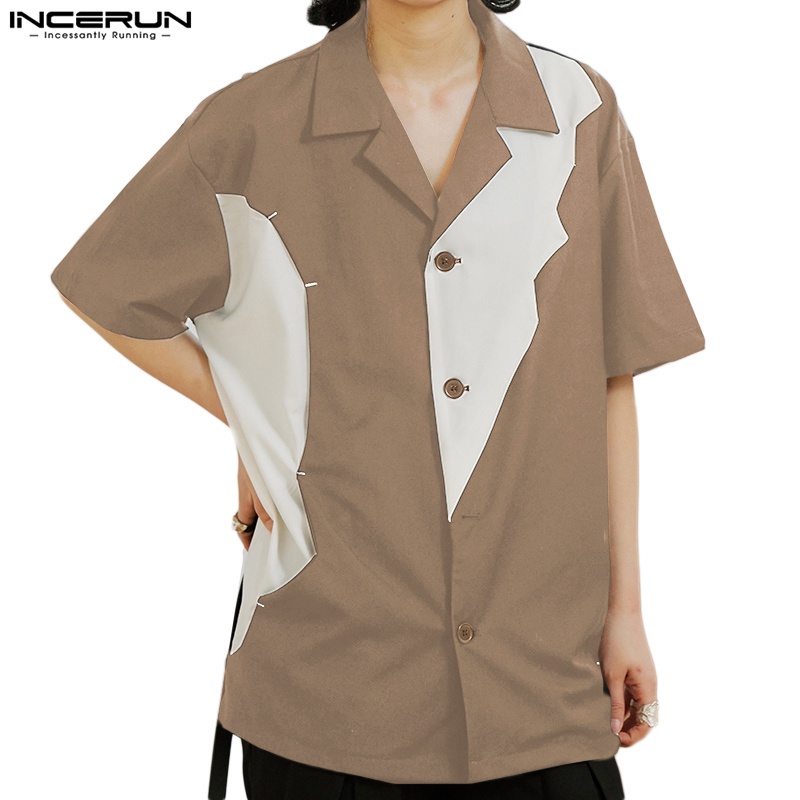 INCERUN Men Fashion Party Short Sleeve Stitching Color Button Up Shirts ...