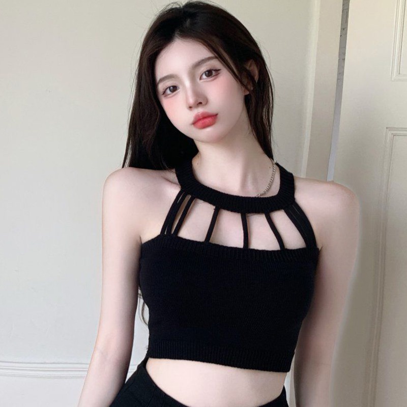 Women Summer Solid Color Slim Sexy Top Womans Halter Neck Knitted Tank