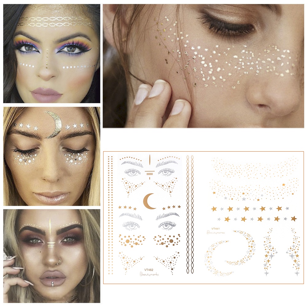 Gold Face Temporary Tattoo Waterproof Blocked Freckles Makeup Stickers ...