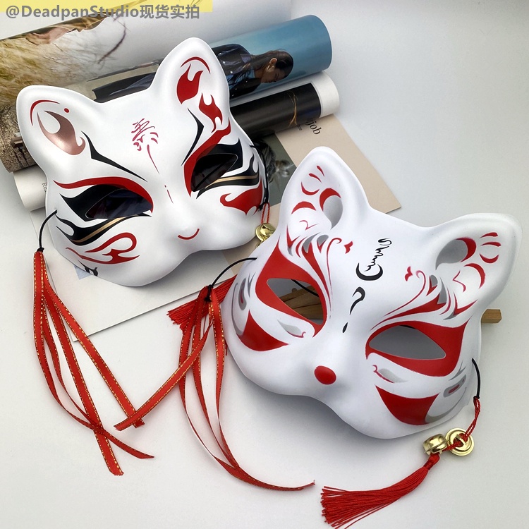 Japanese Anime Half Face Fox Mask Hand-painted Halloween Cosplay Gift ...