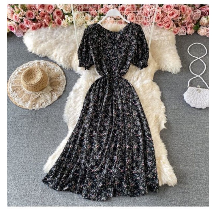 Yunyi V-neck dress with puffed sleeves and belt - Black | Shopee ...