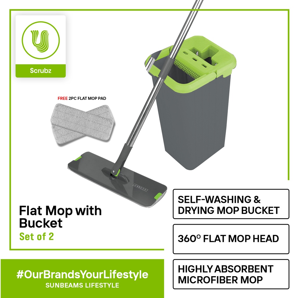 SCRUBZ Flat Mop w/ Bucket 21x18x36cm Microfiber 360ᴼ Floor Mop Home ...