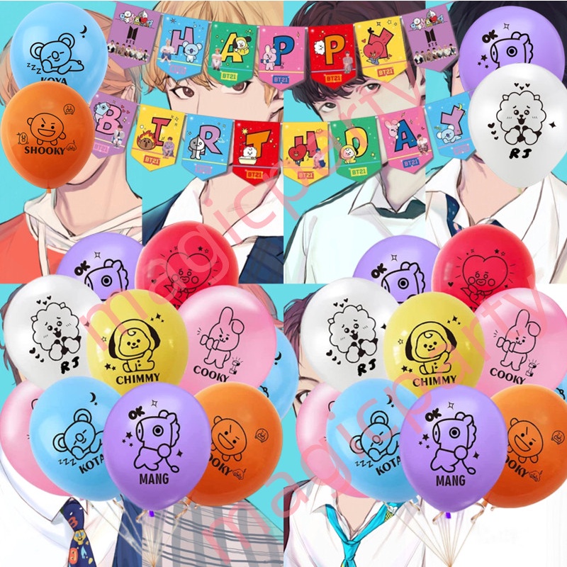 BTS Theme BT2 Chimmy Cooky BT21 Party Pull Flag Cake Insert Balloon ...