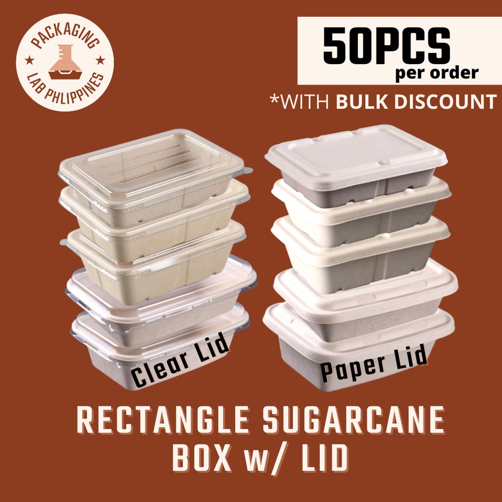 [50PCS] Rectangle Sugarcane Bagasse Box with Paper / Clear Lid | Shopee ...