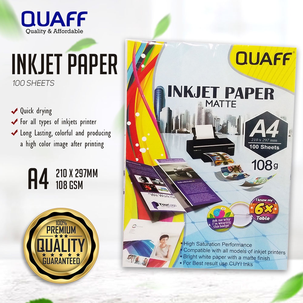 QUAFF 108 GSM INKJET PAPER MATTE A4 SIZE (100 sheets) | Shopee Philippines