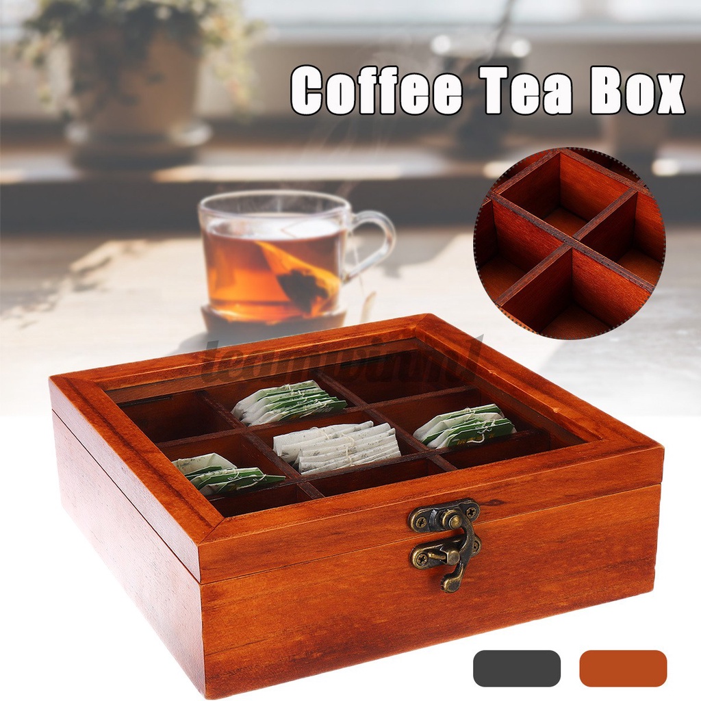 Coffee Tea Box 9 Section Wooden Clear Lid Compartments Container Bag ...