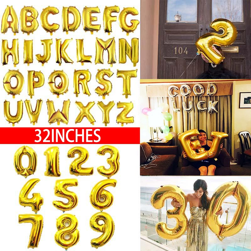 32“ A-Z 0-9 Alphabet Letter Number Foil Balloon Gold Birthday Wedding ...