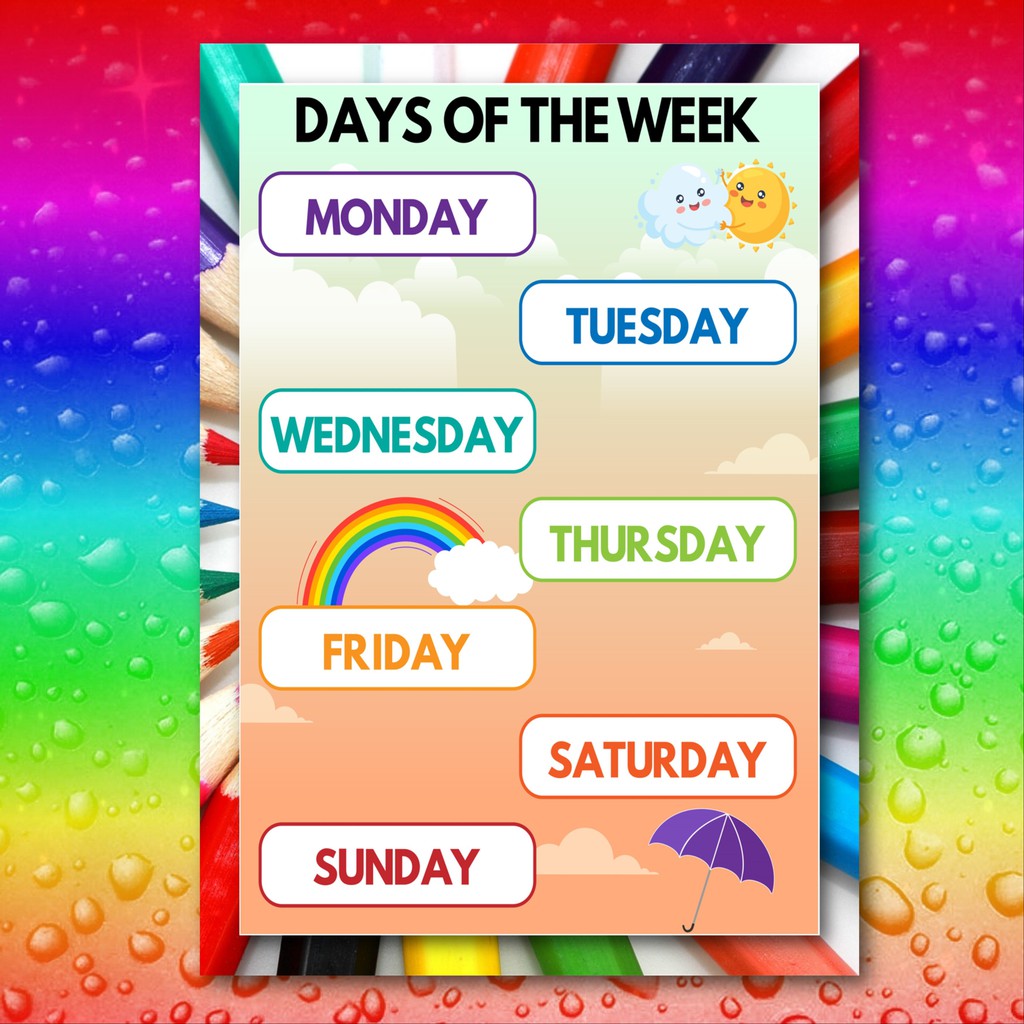 Wall Chart Days of the week Educational poster Learning chart laminated ...
