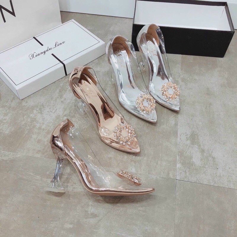 [Actual Photos included] TRANSPARENT PRINCESS HIGH HEELS WITH GOLD ...