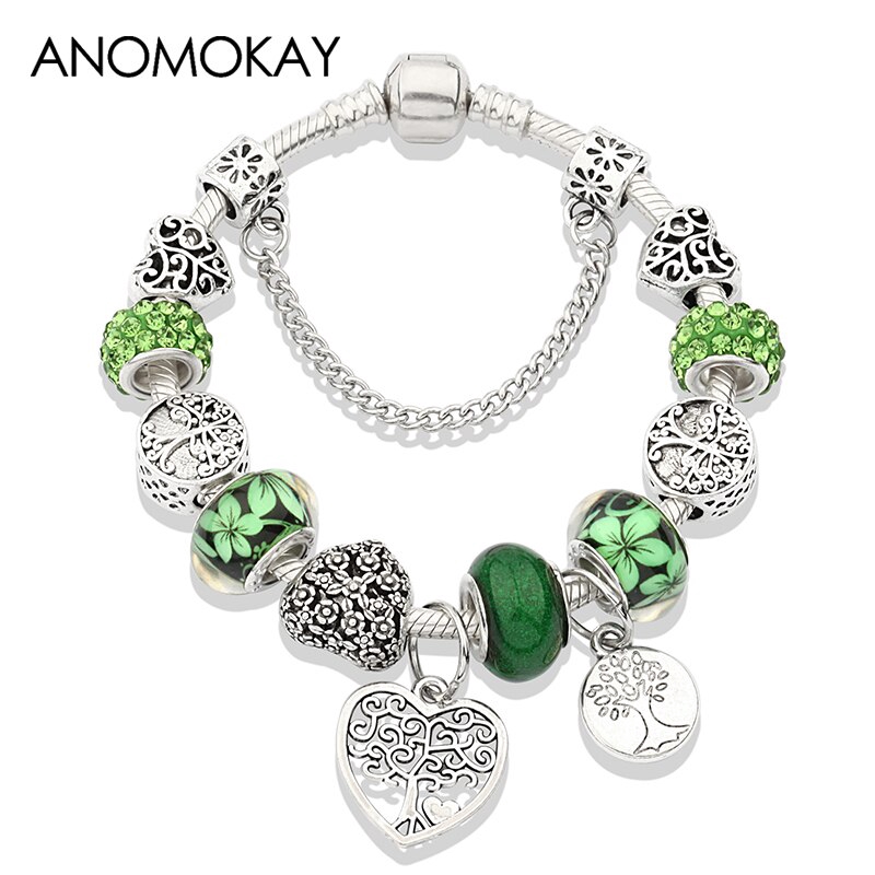 New Green Tree of Life Crystal Charm Pan Bracelet Silver Color Heart ...