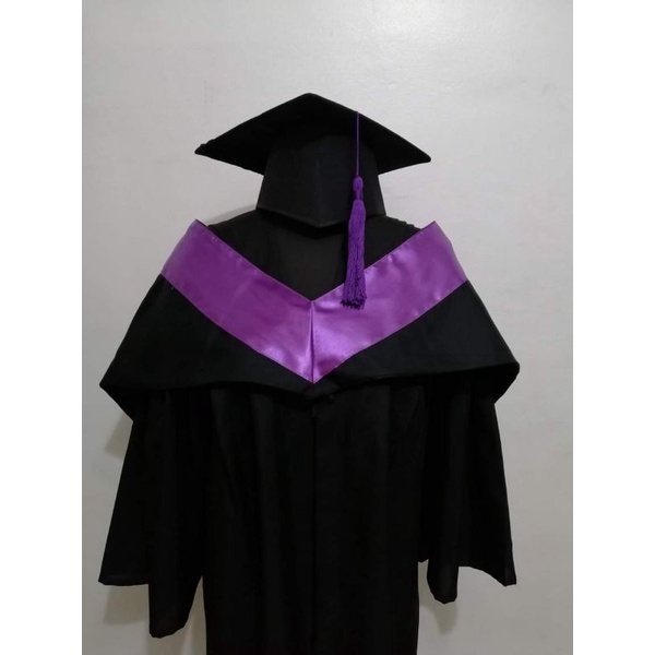 college graduation Toga, purple hood, black cap with purple tussel ...
