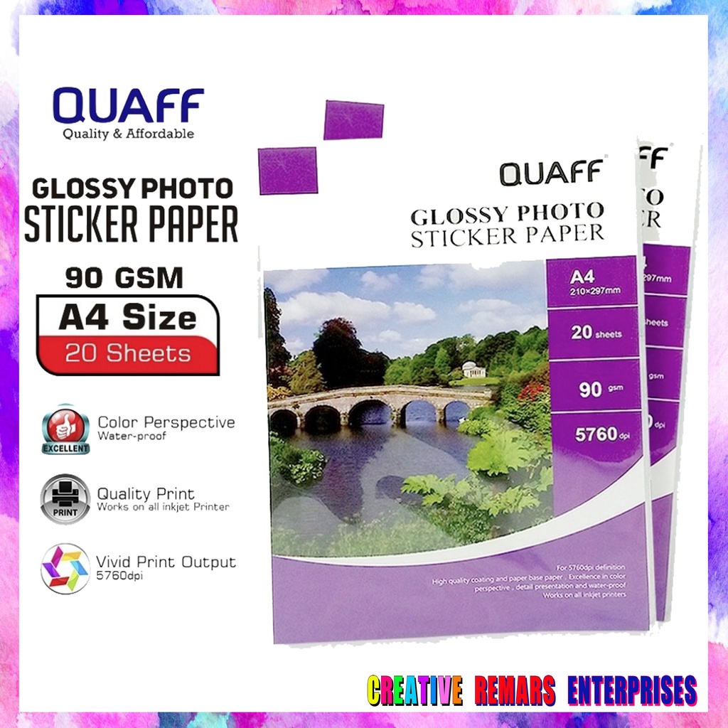 Glossy Photo Sticker Paper QUAFF A4 - 90 GSM [20 SHEETS] | Shopee ...