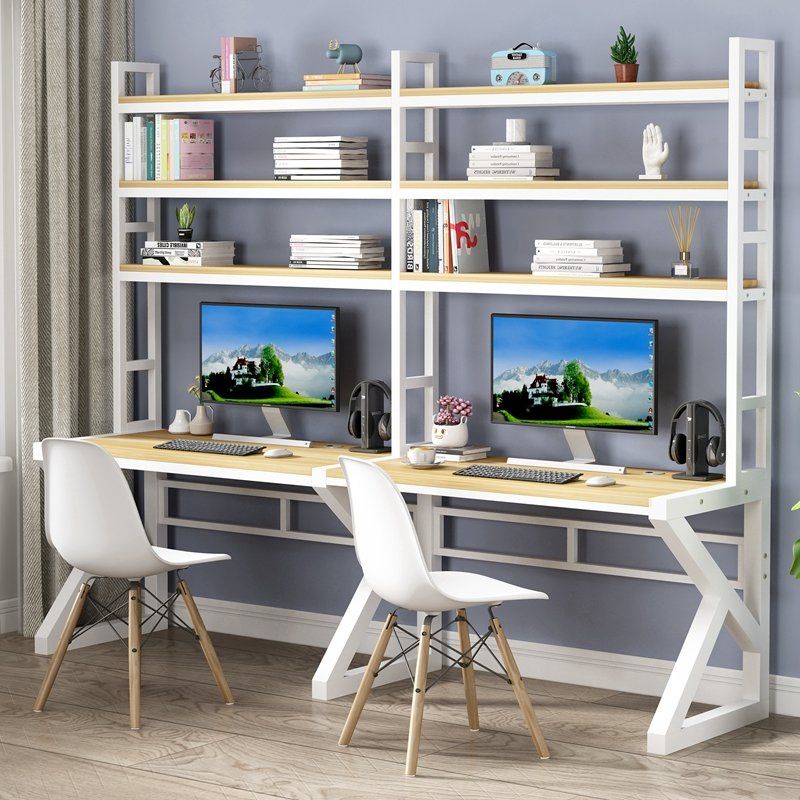 Double Computer Desk Desktop Home Desk Bookshelf Integrated Entire Wall ...