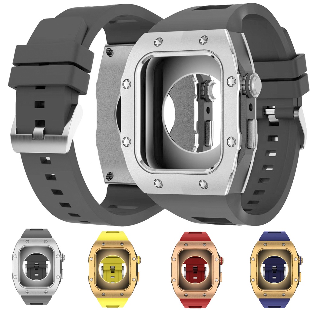 Rubber Strap+Metal Case For Apple Watch Band 44mm 45mm Modification Kit ...