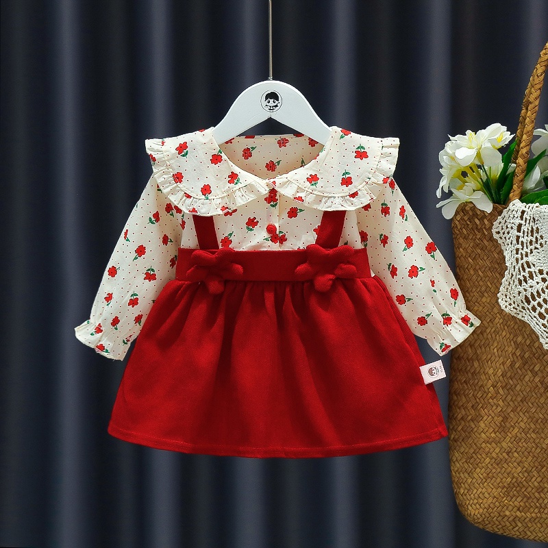 Autumn Baby Dress Red Flower Stitching Infant Dress Retro Comfortable 0 ...