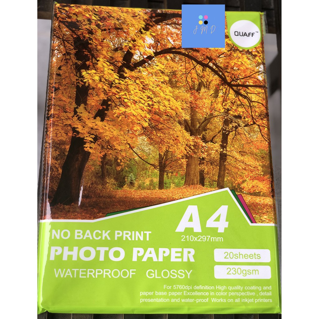 QUAFF No Back Print Inkjet Glossy Photo Paper A4 Size 200gsm / 230gsm (20 sheets per pack ...