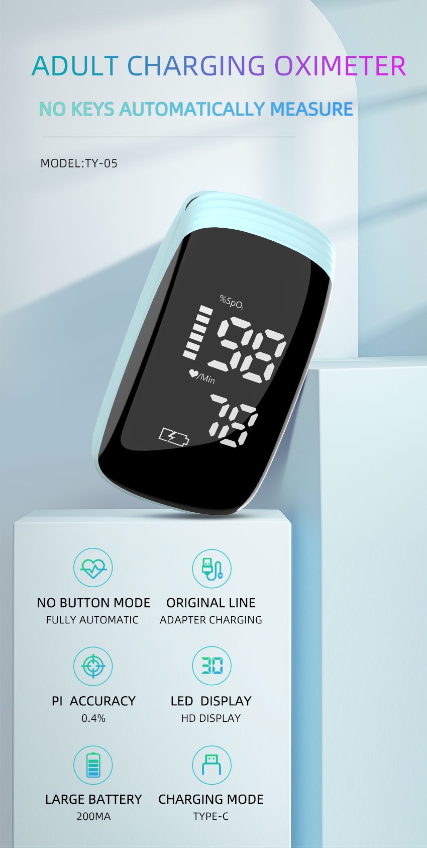 Fingertip Pulse Oximeter USB Rechargeable Adults and Children's Finger ...