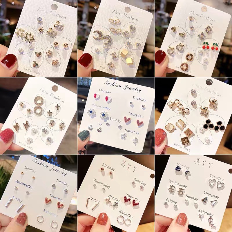 ems 7pairs Hikaw Set Korean Earrings For Women One Week Personality ...