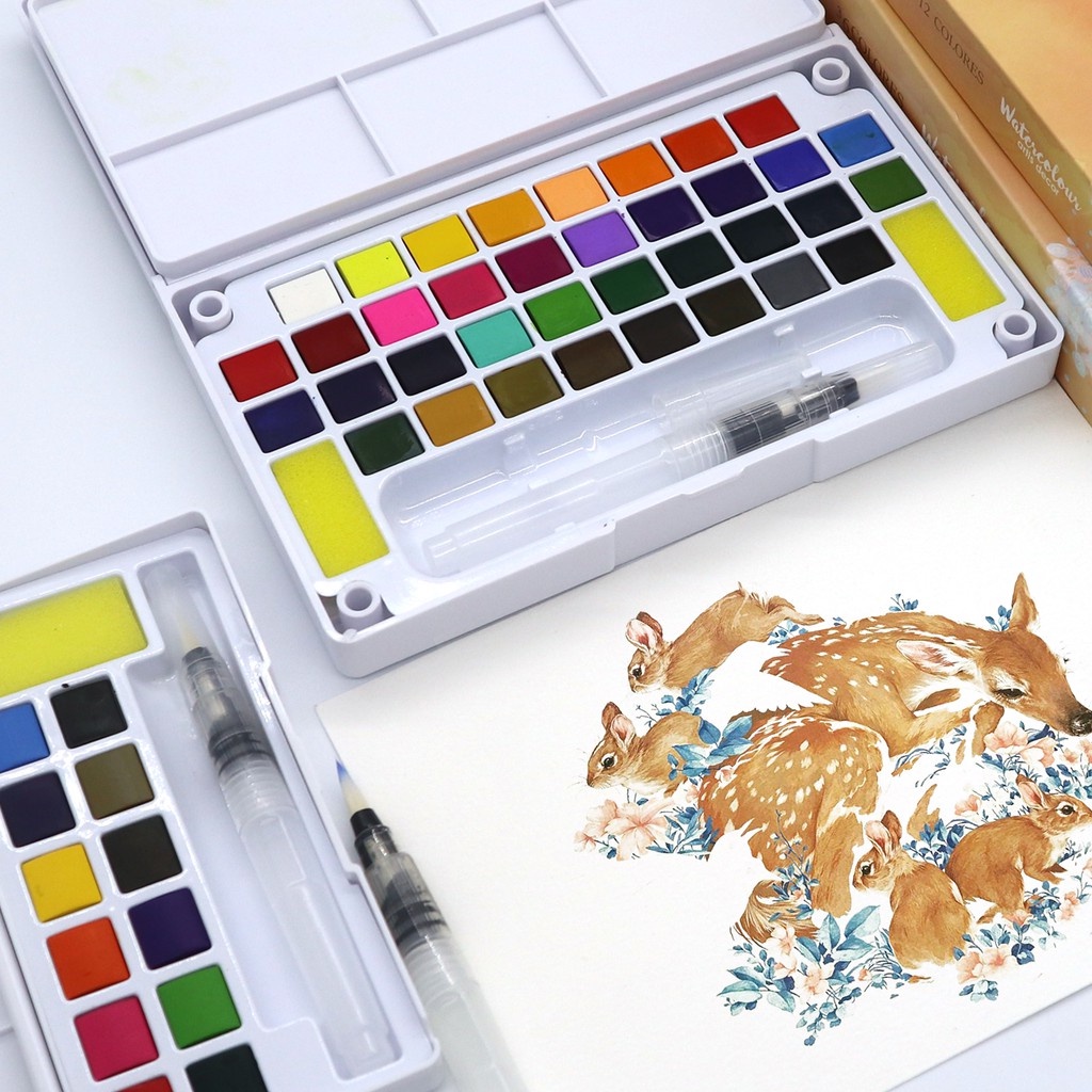 SeamiArt Solid Watercolor Set 12 18 24 36 Colors With 2 Pcs Water Brush ...