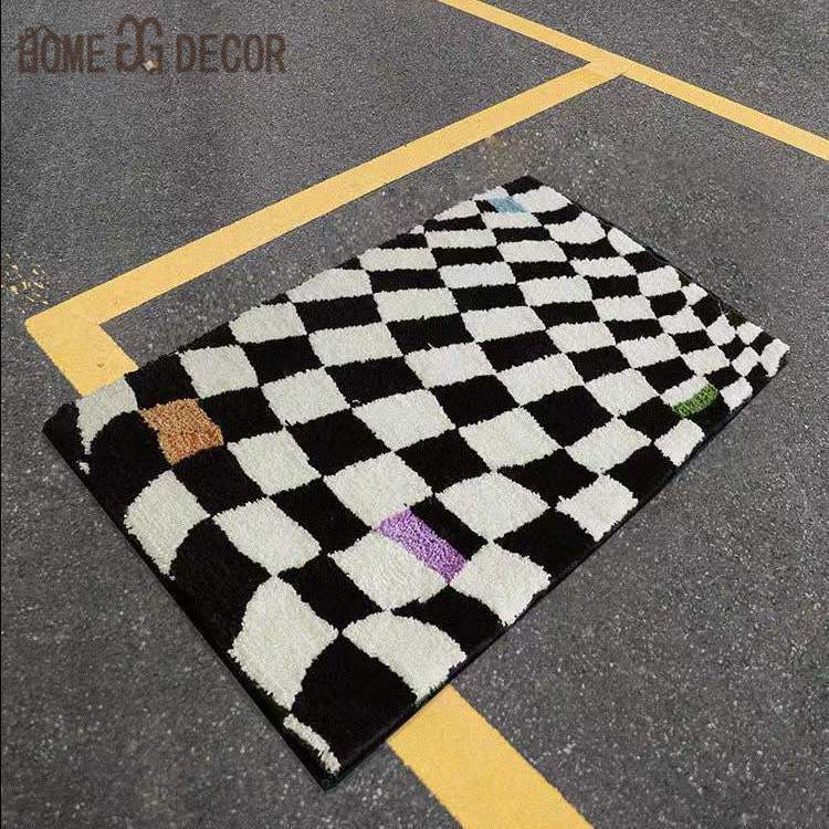 Imitation Cashmere Checkerboard Black and White Floor Mats Non-slip ...