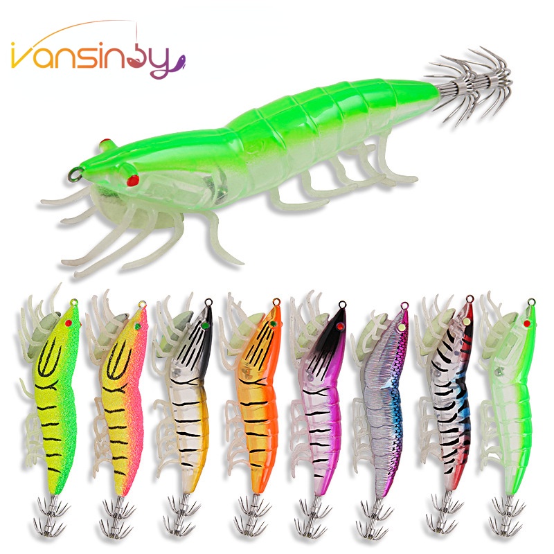 Fishing Gear Luminous Squid Jig Hook Saltwater Fishing Lures 11.7cm/20.5g Plastic Glow Shrimp ...